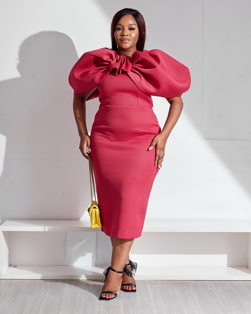 SASHES X HIDES MAGENTA BONDED MESH FLUTED CAPE PENCIL MIDI DRESS ...