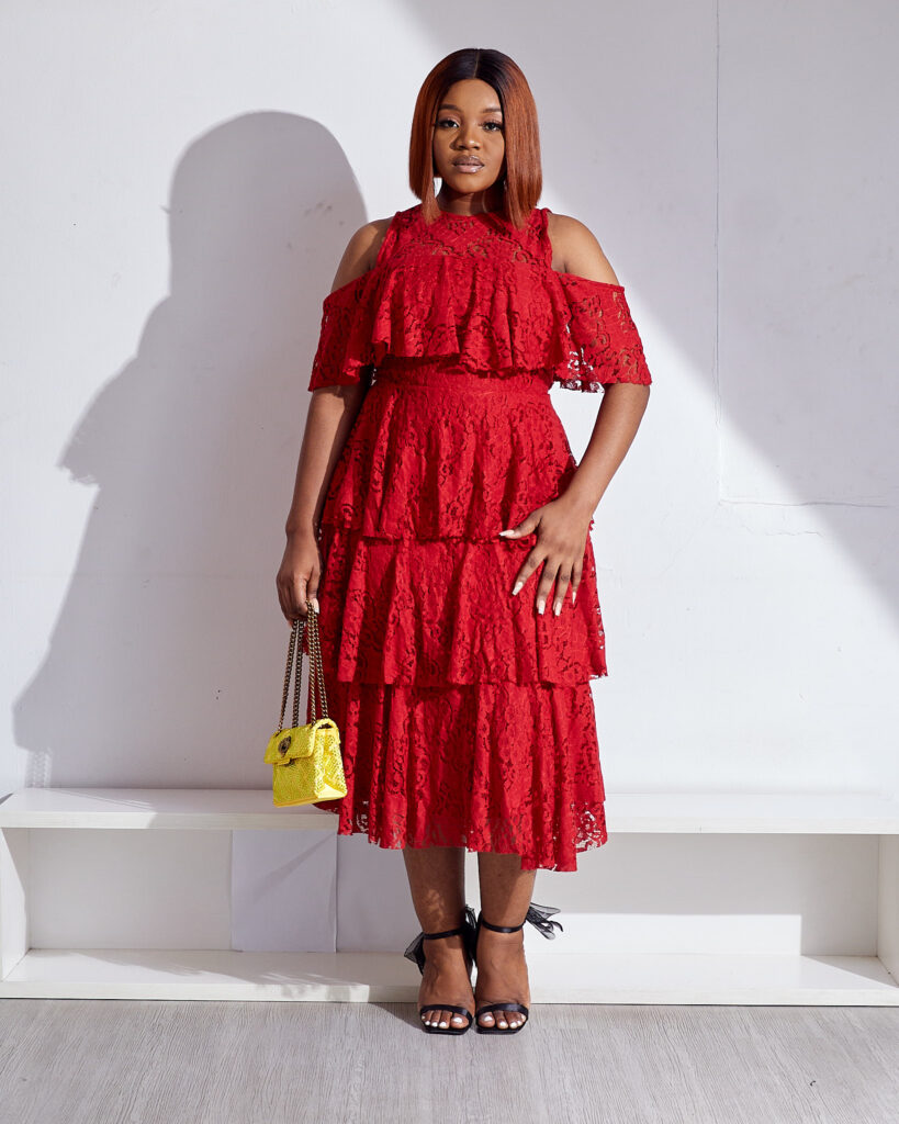 SASHES X HIDES RED FLAME CHANTILLY COLD SHOUDER LAYERED DRESS - Debrasgrace