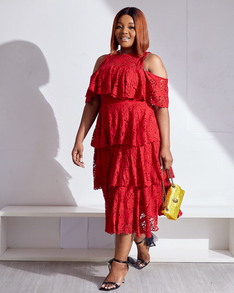 SASHES X HIDES RED FLAME CHANTILLY COLD SHOUDER LAYERED DRESS - Debrasgrace