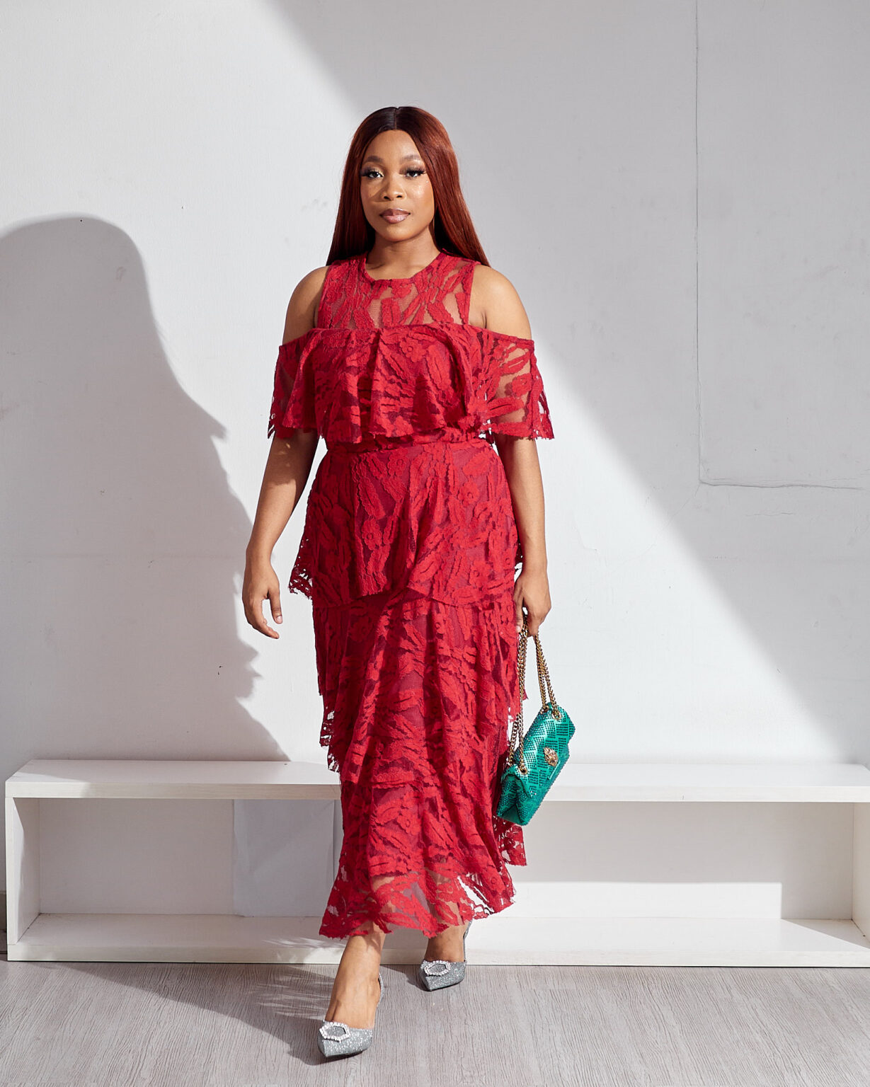 SASHES X HIDES BERRY CHANTILLY COLD SHOUDER LAYERED DRESS - Debrasgrace