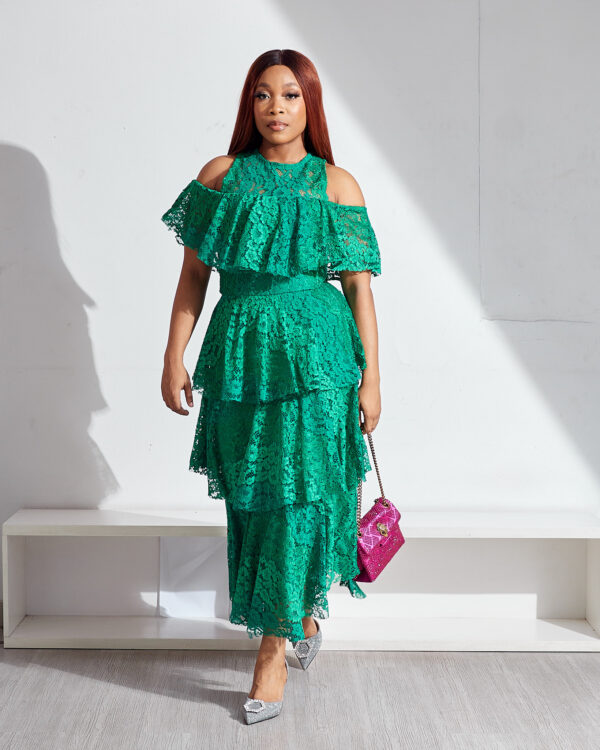 SASHES X HIDES MINTY GREEN CHANTILLY COLD SHOUDER LAYERED DRESS ...