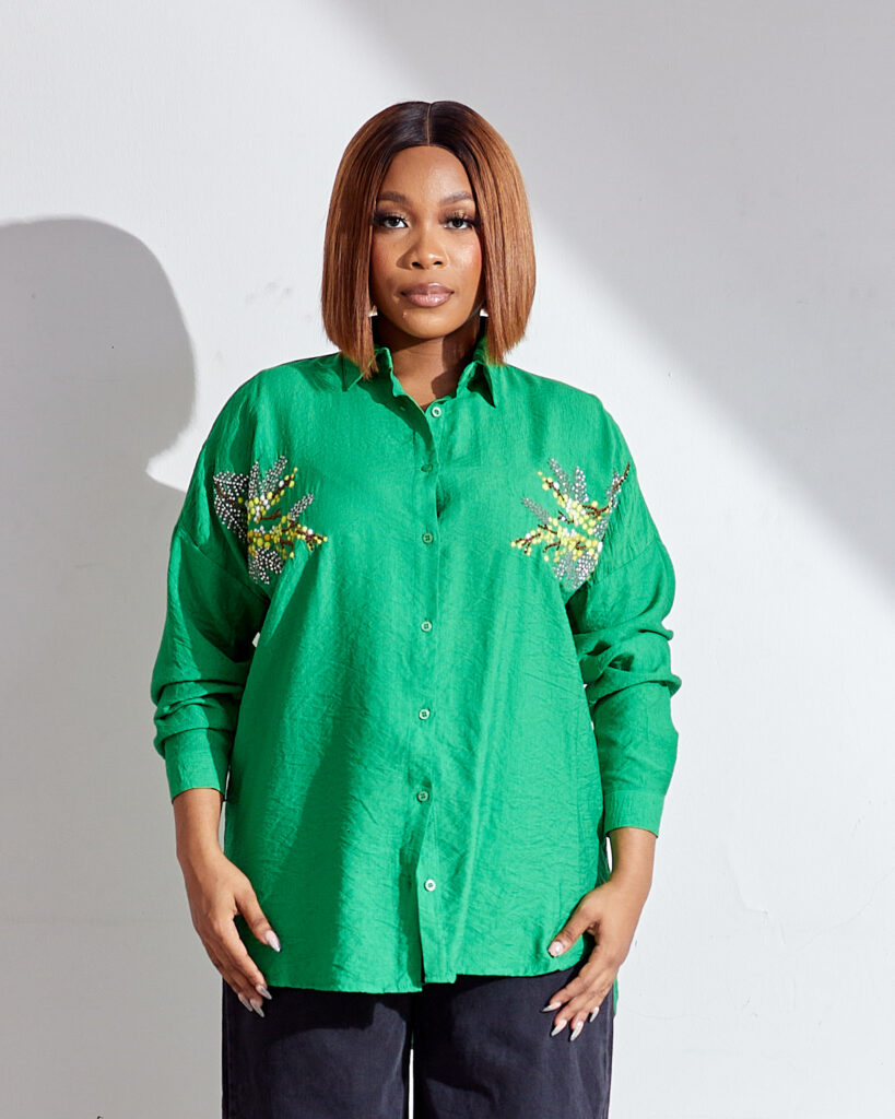(BARGAIN SHOP)JARZ GREEN EMBELLISHED & EMBROIDERED CRINKLED LINEN SHIRT ...