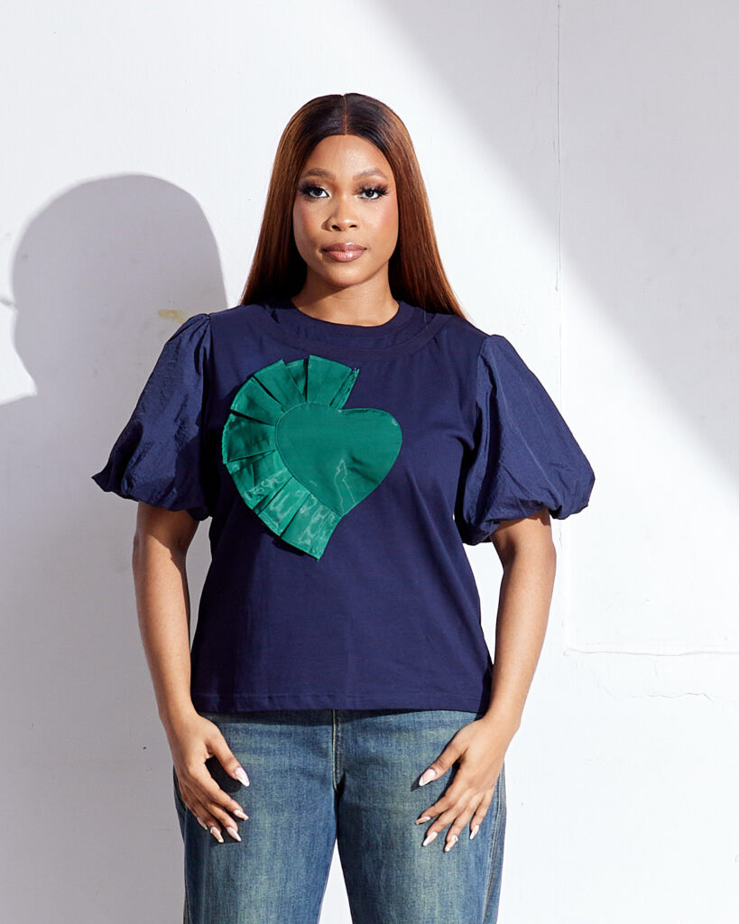 POG NAVY X GREEN FRILL HEART PATCH BUBBLE SLEEVE TEE - Debrasgrace