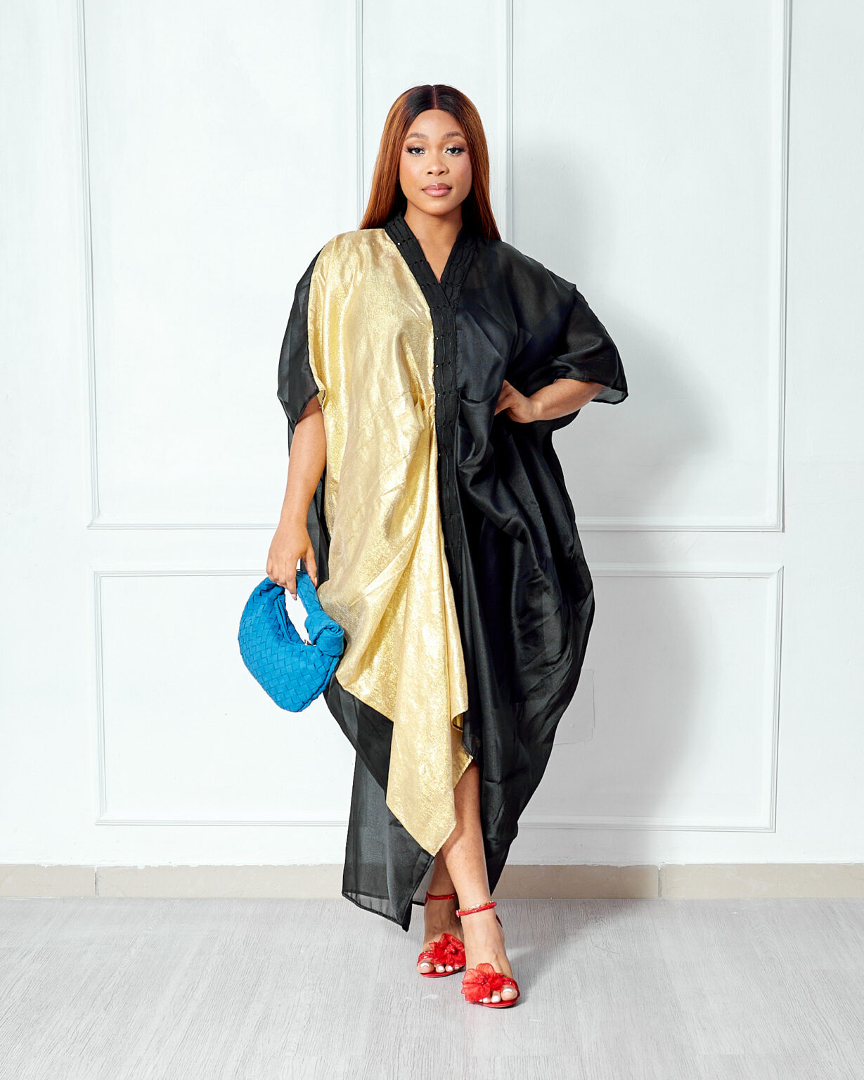 SASHES X HIDES BLACK X GOLD MID DRAPED ASOOKE TAPED CAFTAN - Debrasgrace