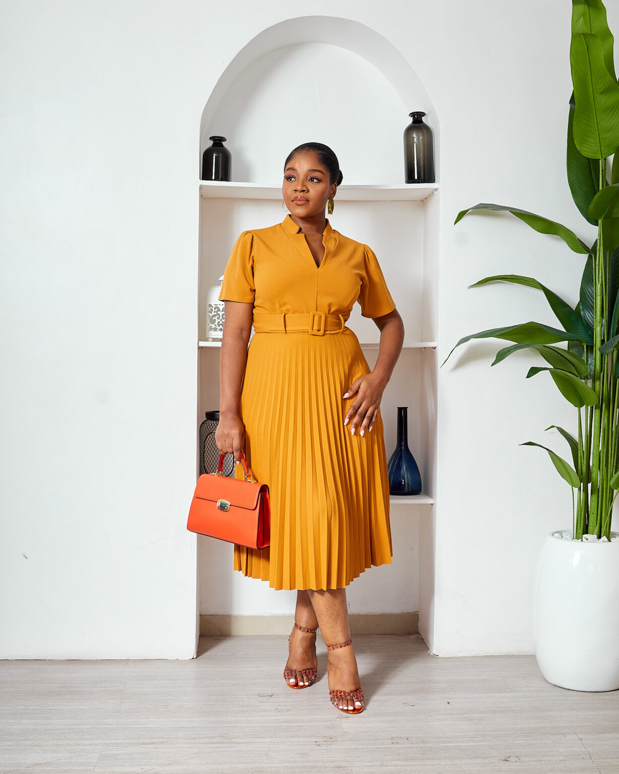 MONS MUSTARD VNECK BELTED PLEATED DRESS - Debrasgrace