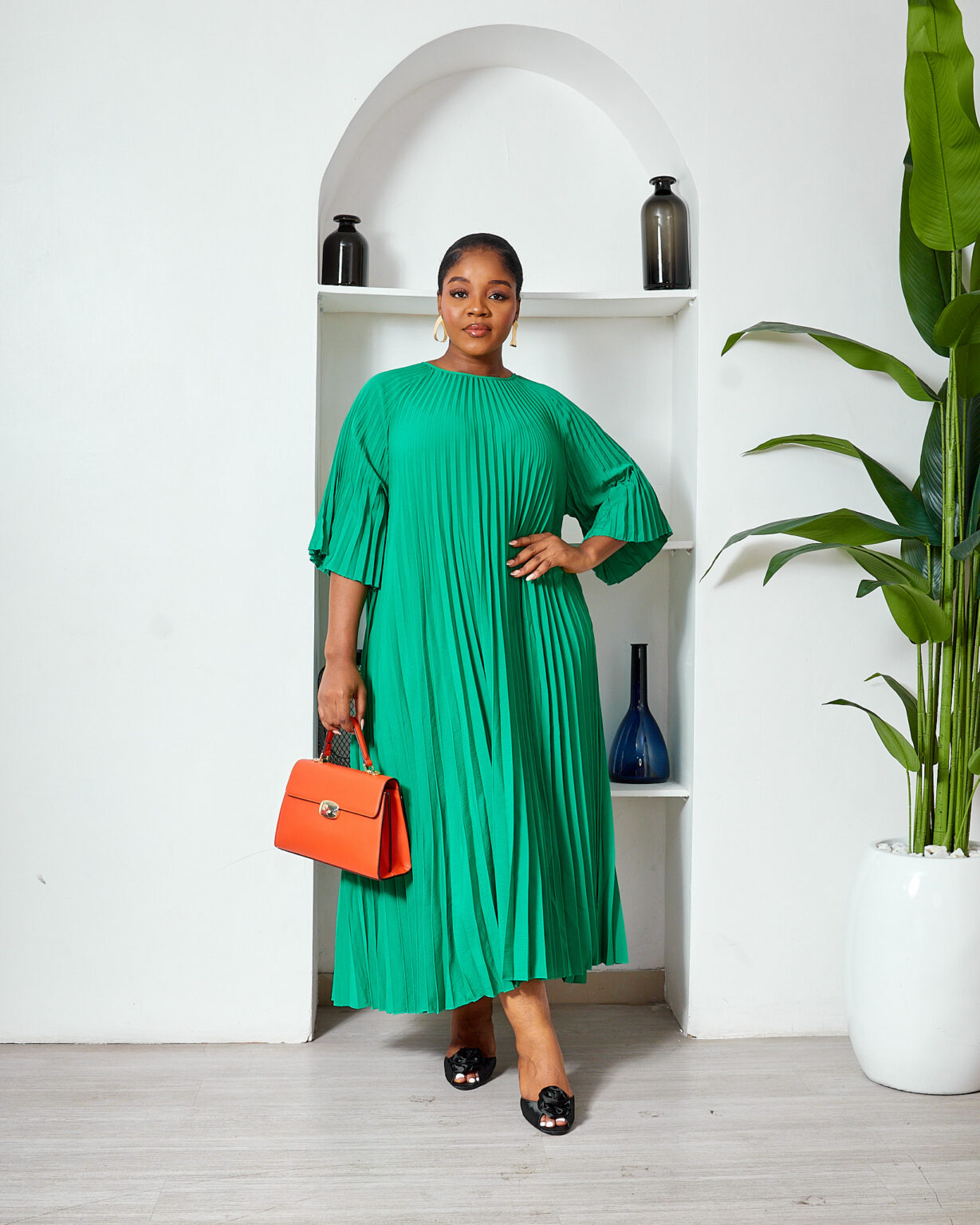 GREEN PLEATED FLARED SLEEVES MIDI DRESS - Debrasgrace