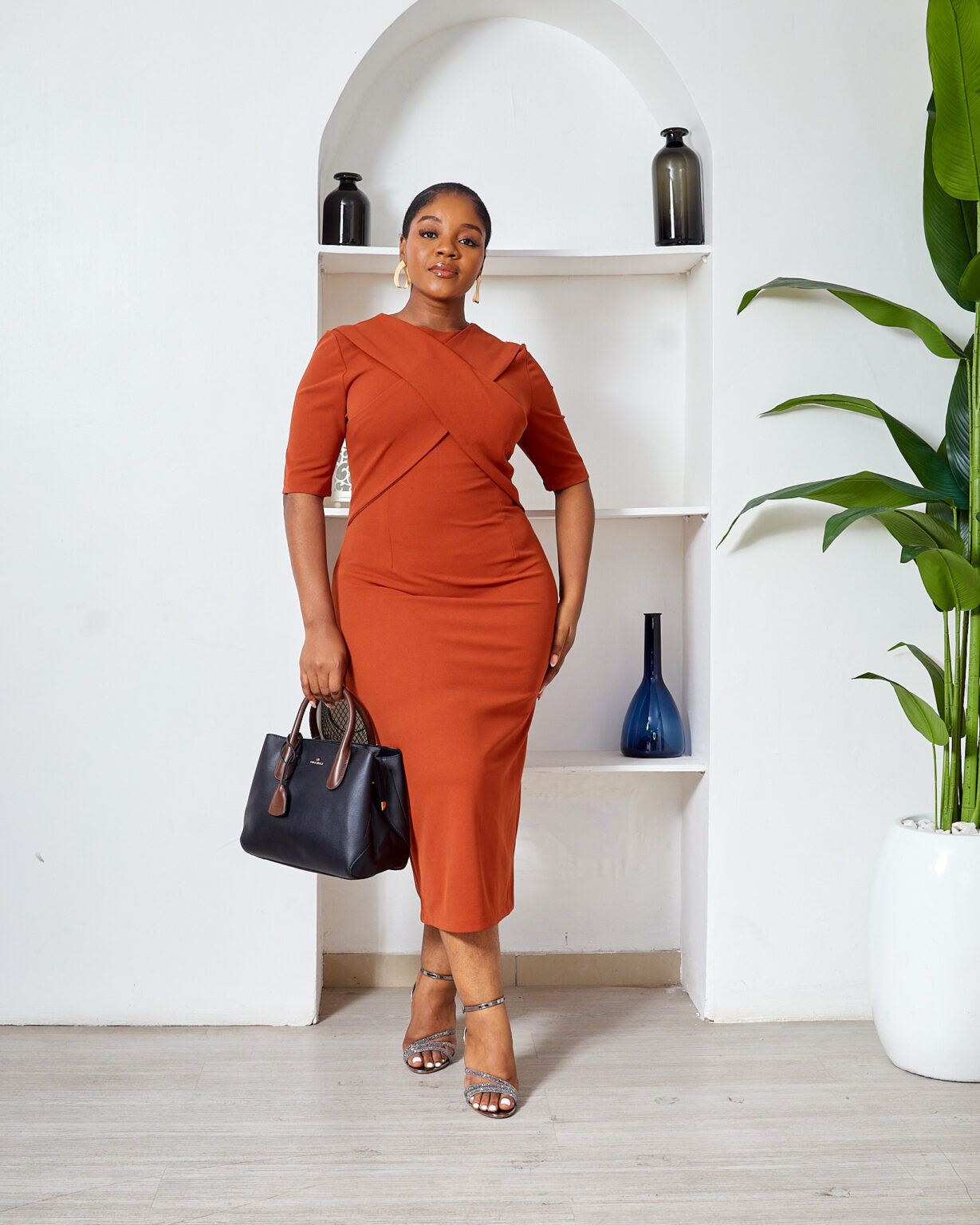 MONS RUST CROSS DETAIL MIDI DRESS - Debrasgrace