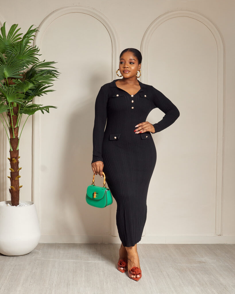 (2 FOR 50K) BLACK GOLD BUTTON MILITARY KNIT DRESS - Debrasgrace