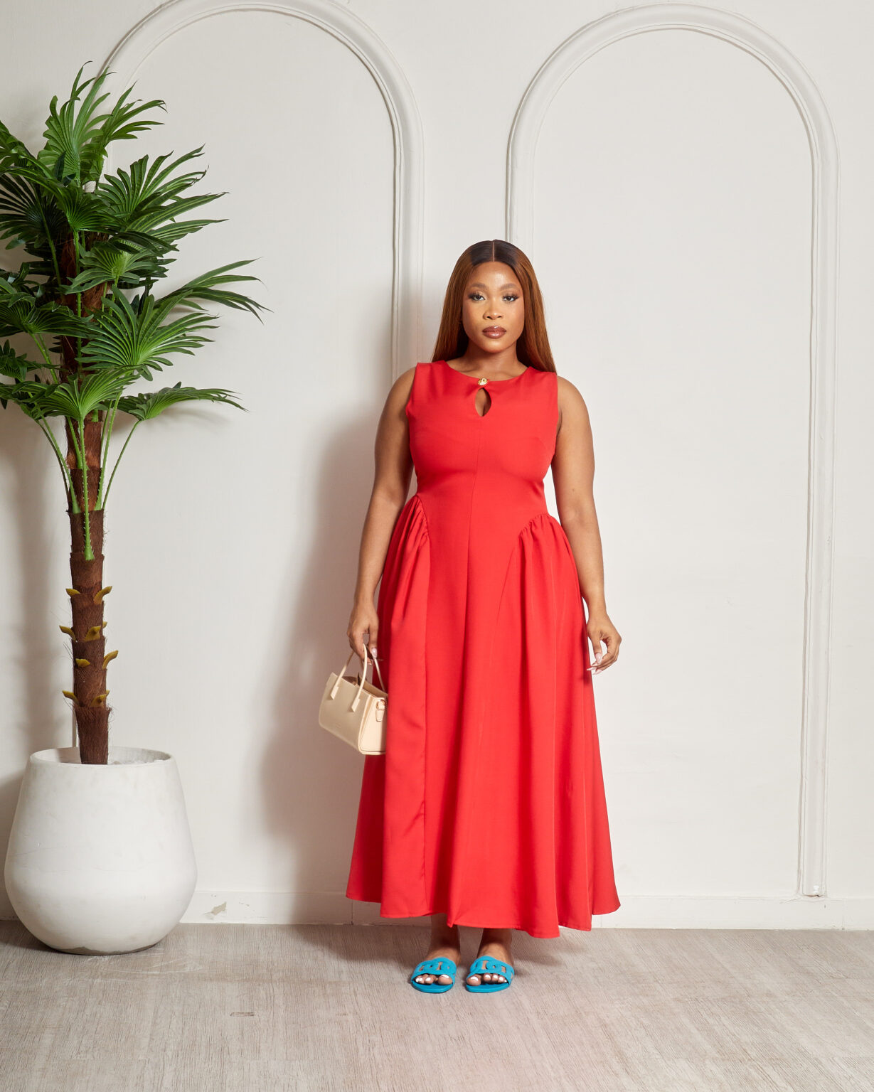 (2FOR60K)ZR RED GOLD BUTTON DOLL MIDI DRESS - Debrasgrace