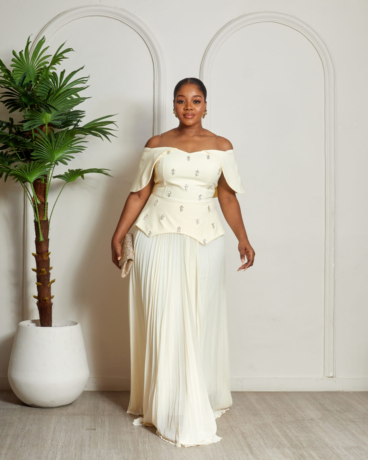 ELIZZA YELLOW STONE DETAIL BARDOT PEPLUM PLEATED DRESS - Debrasgrace